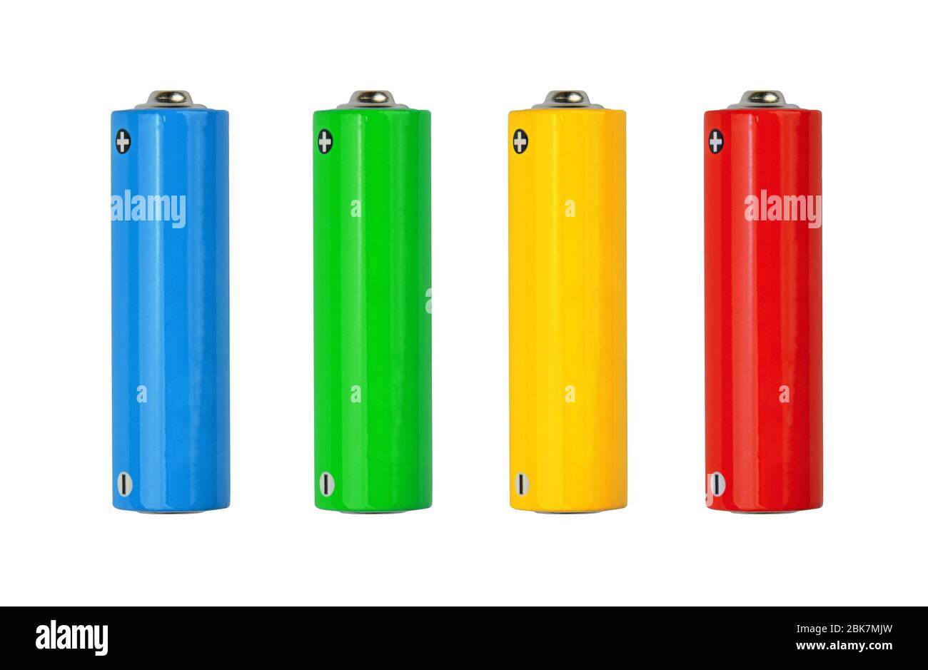 Close up four blank vivid alkaline AA batteryies, yellow, green, blue ...