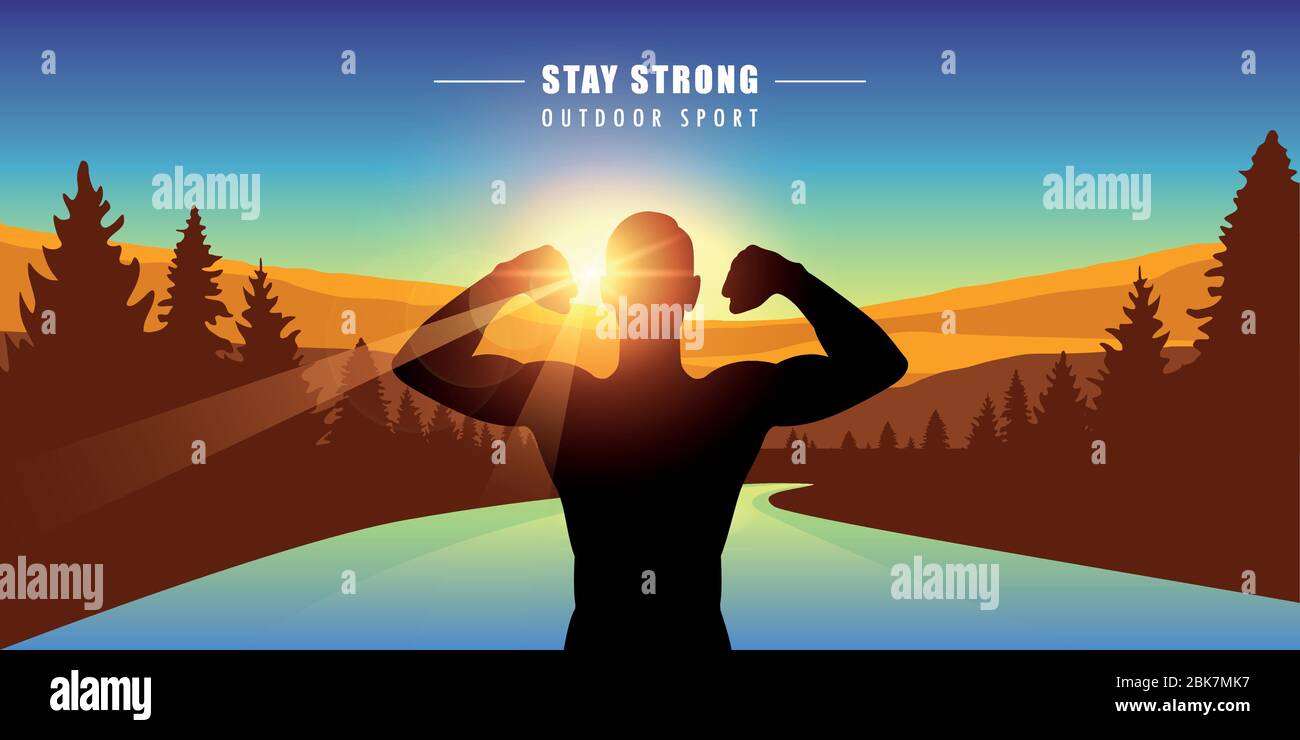 strong man silhouette outdoor sport by the river in nature vector ...