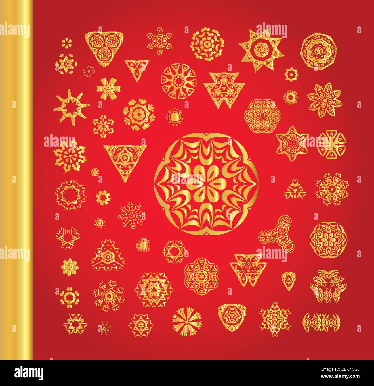 Golden vector traditional snowflakes on red background Stock Vector ...