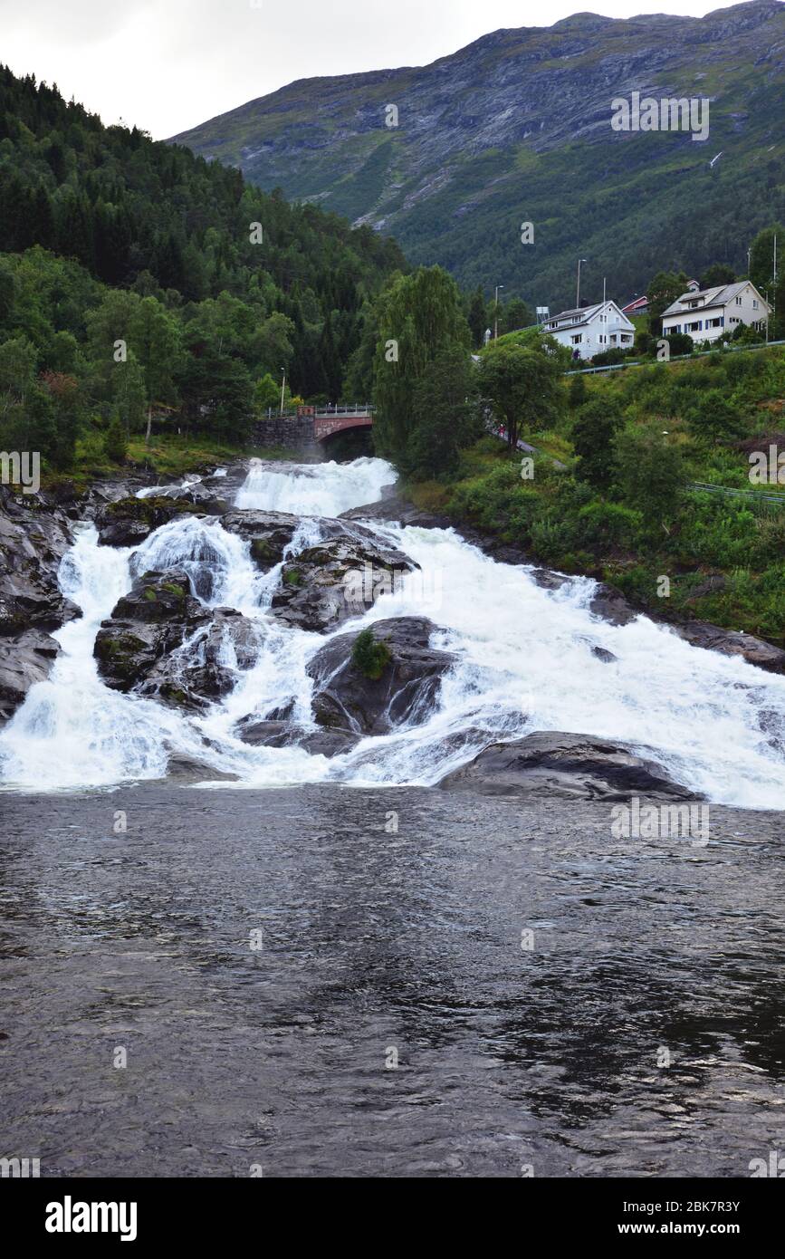 The Hellesyltfossen waterfall in the village of Hellesylt, at the head ...
