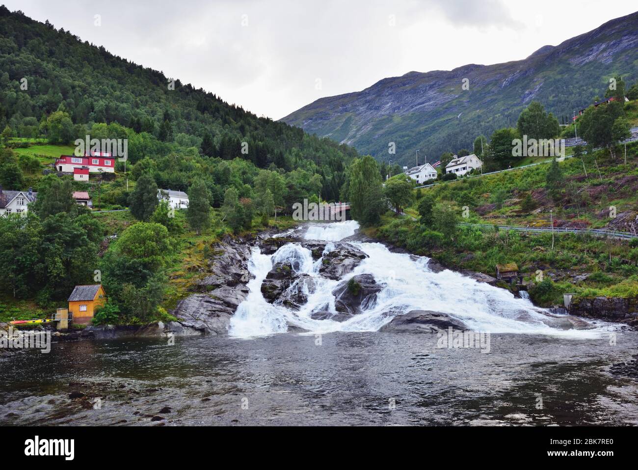 The Hellesyltfossen waterfall in the village of Hellesylt, at the head ...