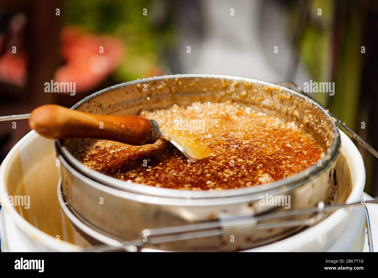 Raw honey in filter with decapper to filter out honeycomb Stock Photo ...