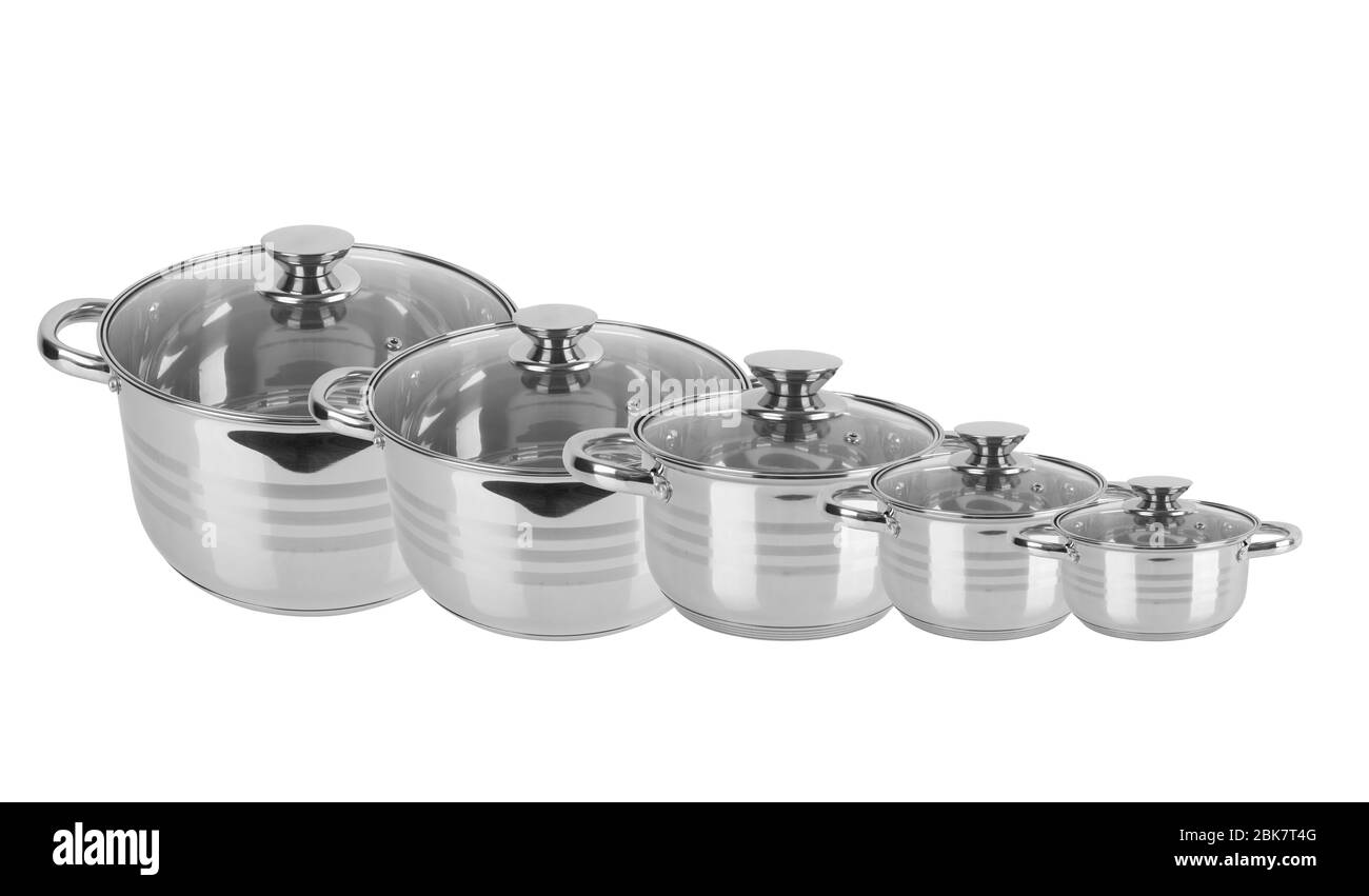 chrome pan with lid isolated on white background Stock Photo - Alamy