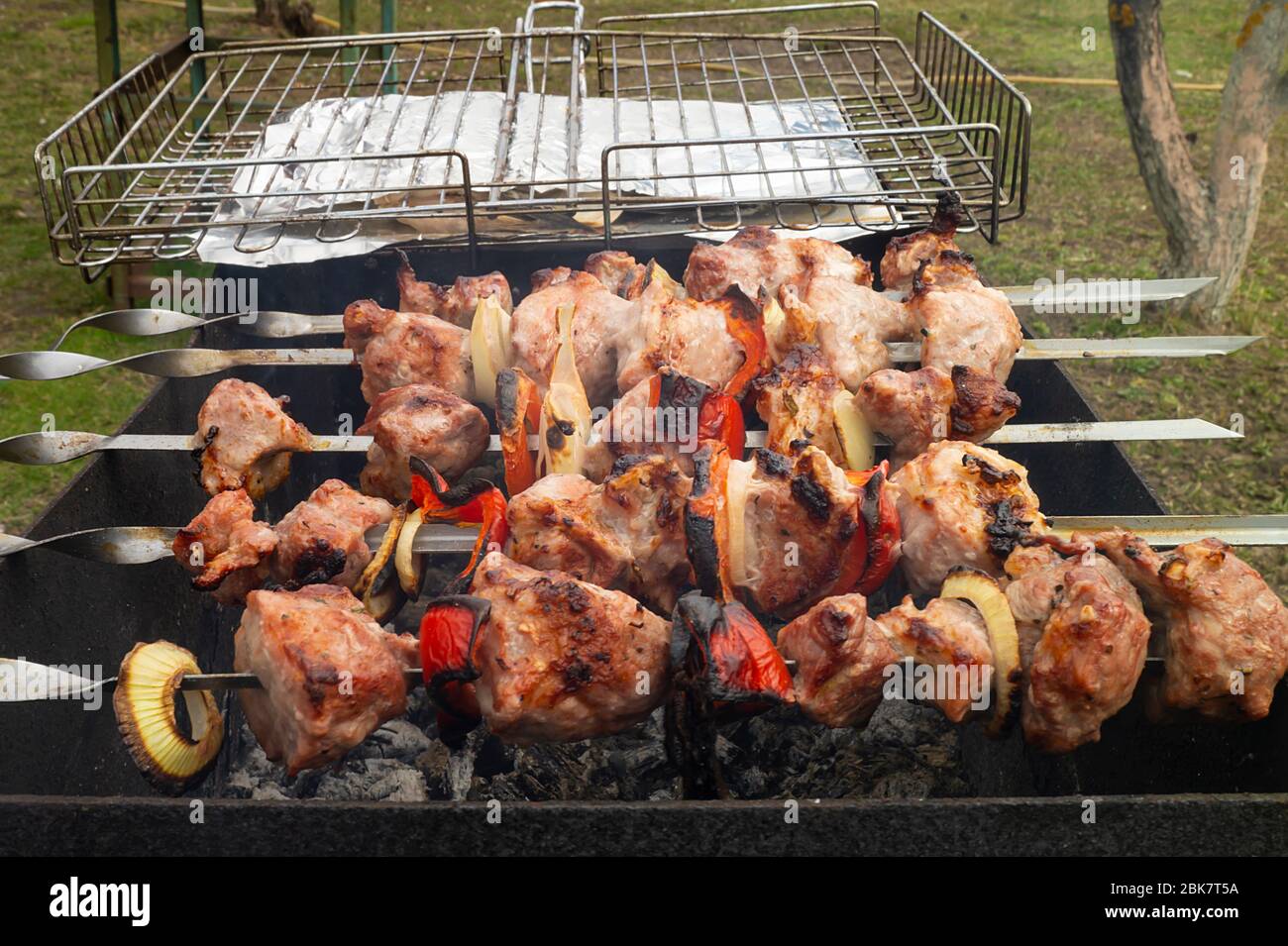 The meat Shish kebab with vegetable and onion outdoors. The Preparation ...