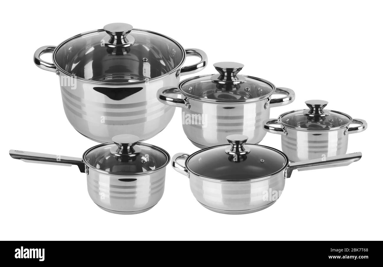 chrome pan with lid isolated on white background Stock Photo - Alamy