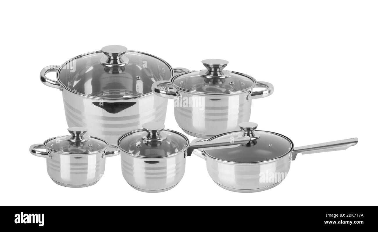 chrome pan with lid isolated on white background Stock Photo - Alamy