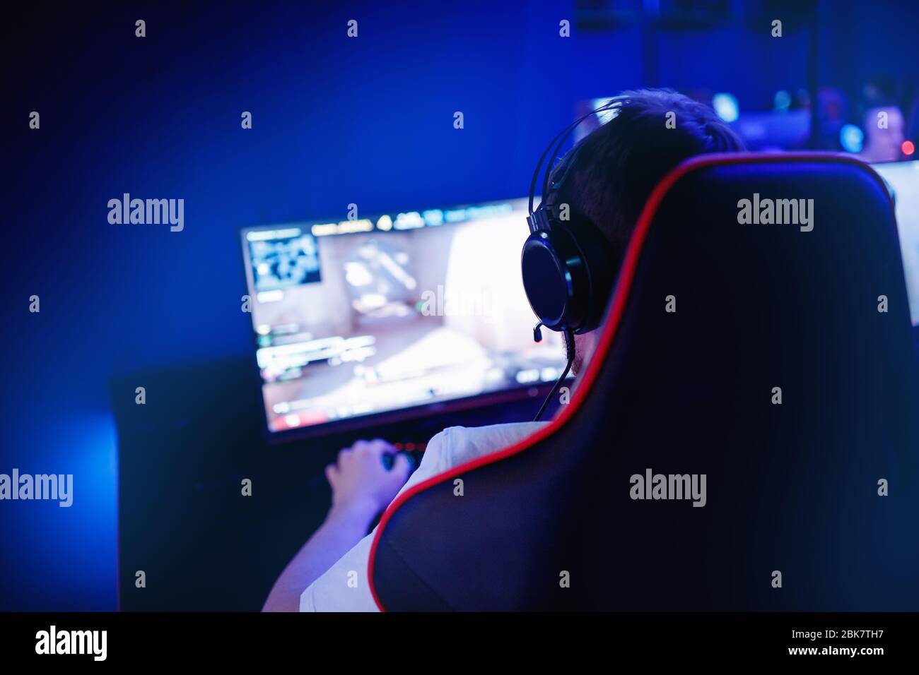 Professional cyber gamer studio room with personal computer armchair ...