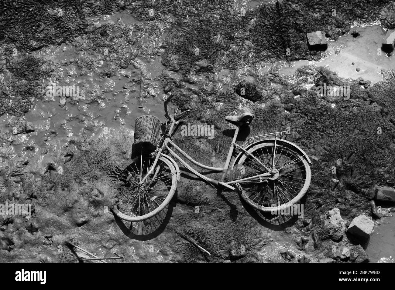 A discarded bicycle with a wicker basket to the canal, a typical ...