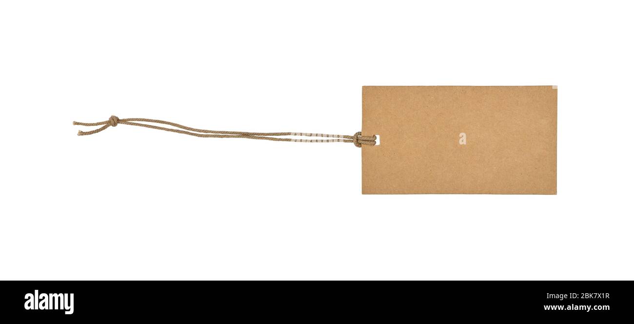 Close up one rectangular blank brown paper label or price tag isolated ...