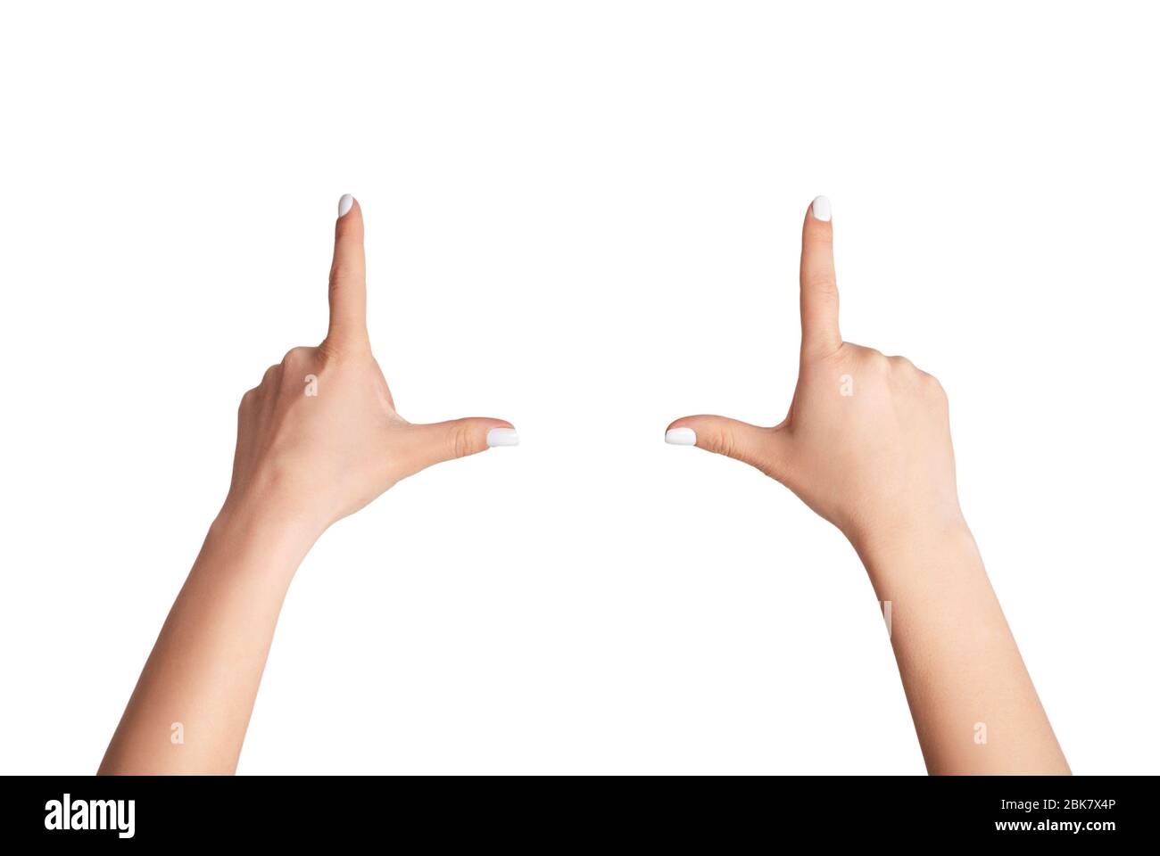 Female hands making frame gesture on white background, closeup. Copy ...