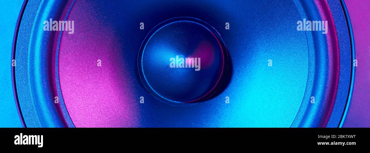 Sound audio speaker with neon lights, long banner. Dynamic monitor ...