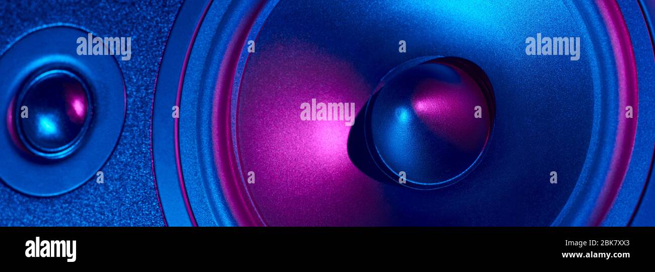 Sound audio speaker with neon lights, long banner. Dynamic monitor ...
