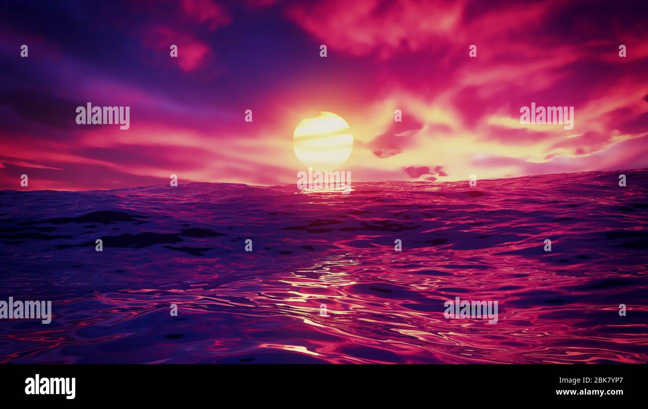 Red beautiful sunset over ocean with red sky and amazing sea with waves ...