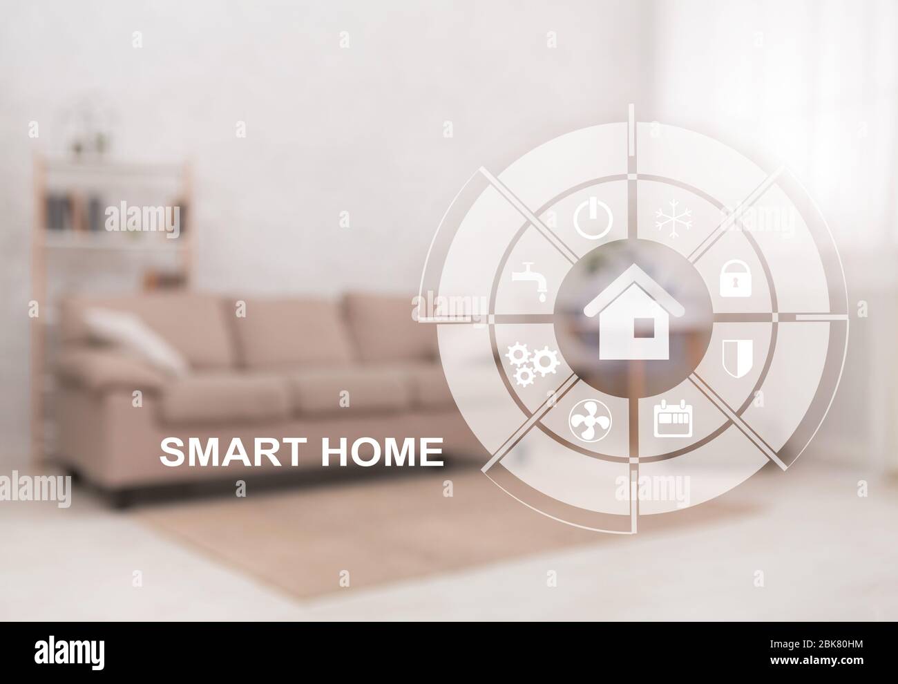 Double exposure of living room interior and smart home control panel ...