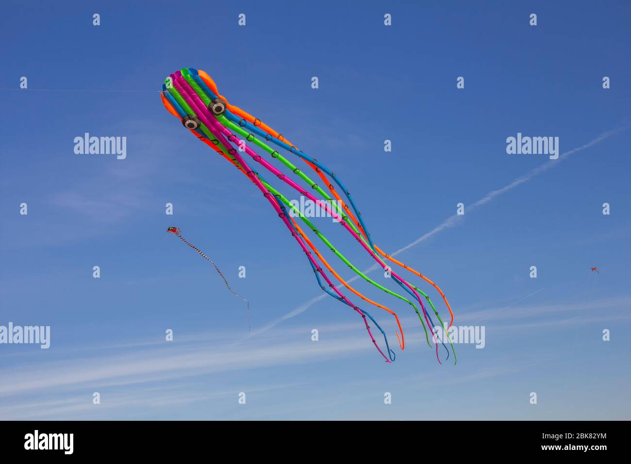 Colorful ribbons and kite figures hanging on poles and flying on blue ...