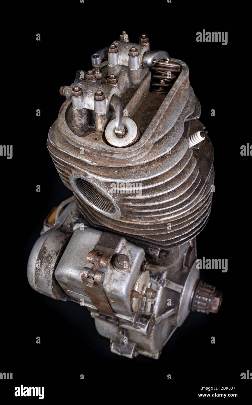 Old slightly dirty motor speedway motorcycle. Single-cylinder engine ...