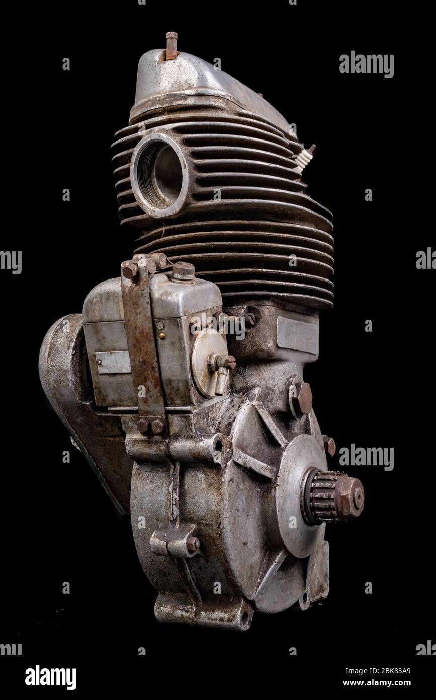 Old slightly dirty motor speedway motorcycle. Single-cylinder engine ...