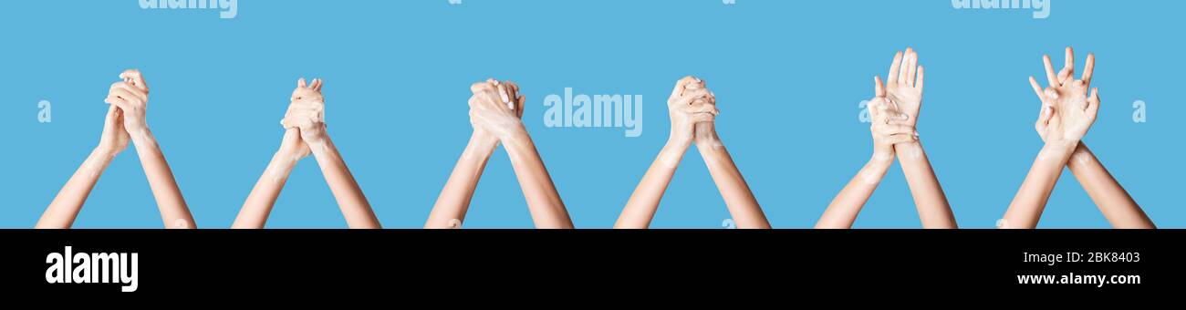 Coronavirus hygiene. Collage with young girl washing hands on blue ...