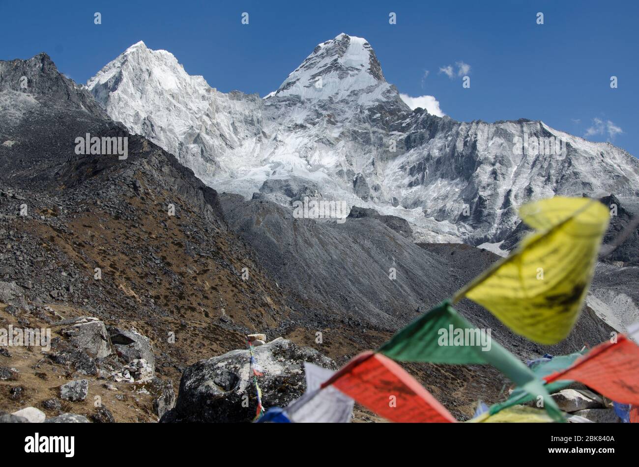 View of Ama Dablam from Ama Dablam Basecamp (4.570m) in Nepal with ...