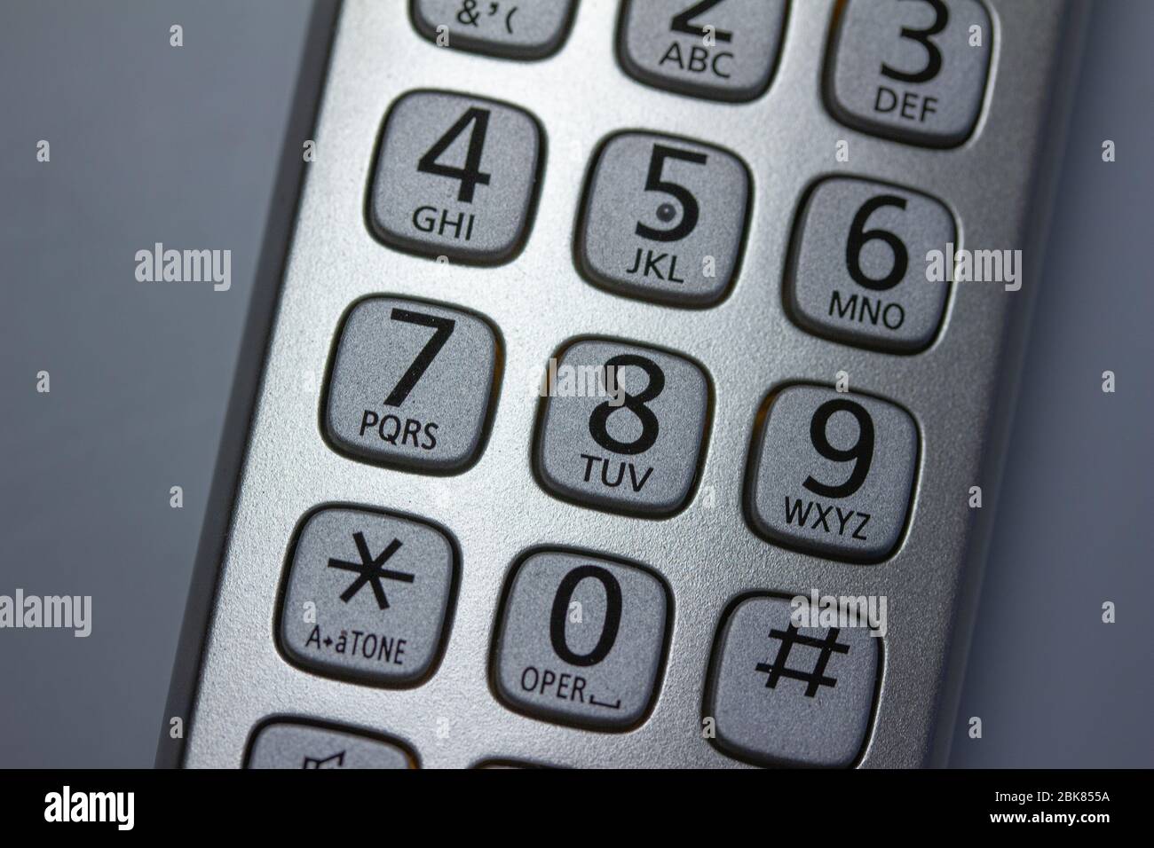 Close up view of the numbers on the dialing keypad of a cordless ...