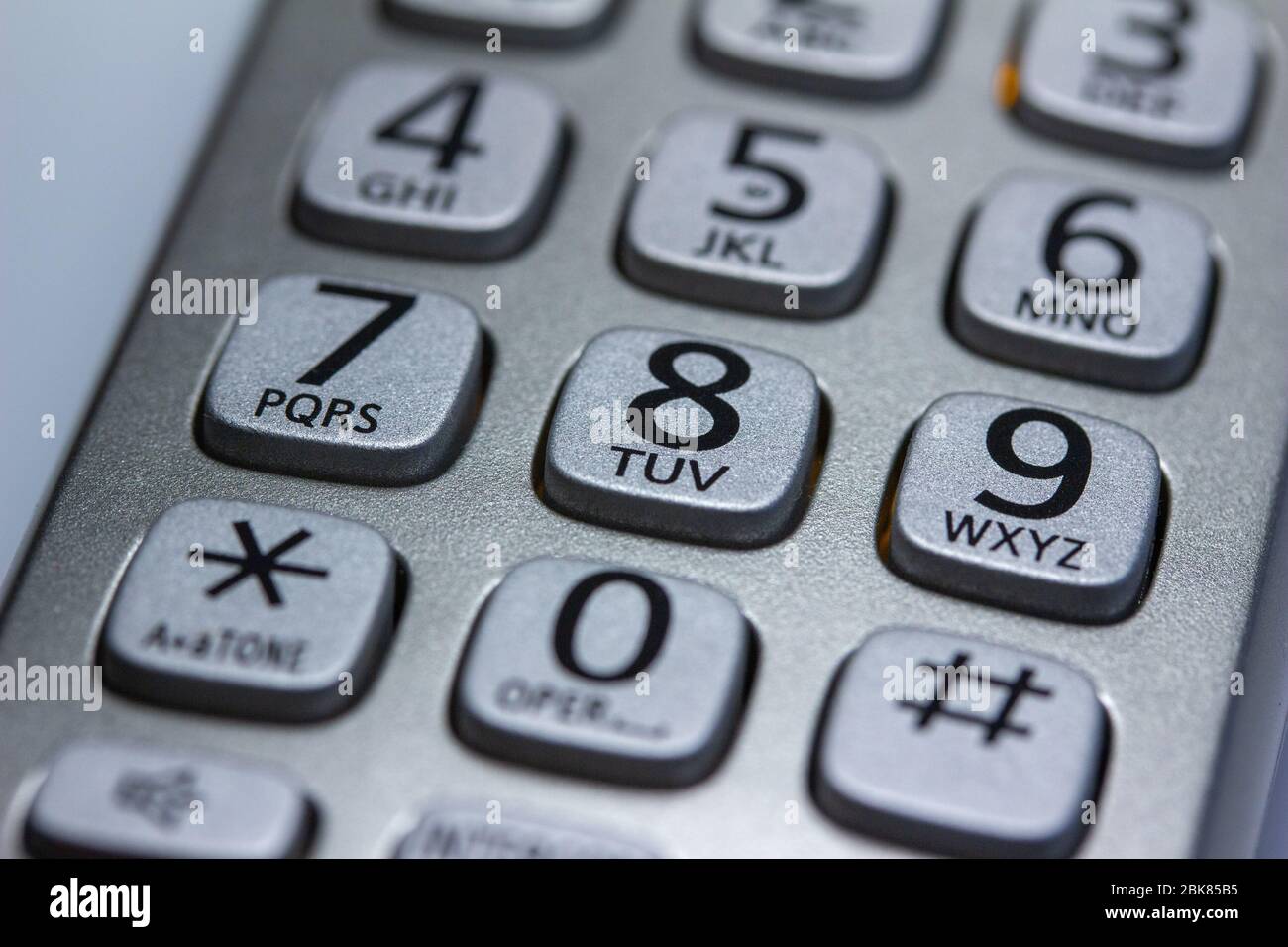 Close up view of the numbers on the dialing keypad of a cordless ...