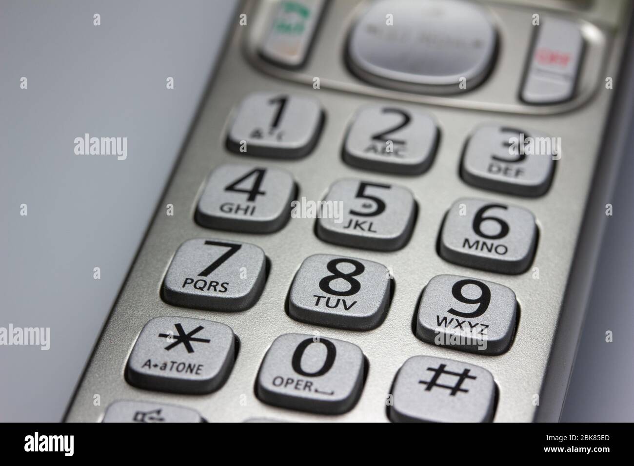 Close up view of the numbers on the dialing keypad of a cordless ...