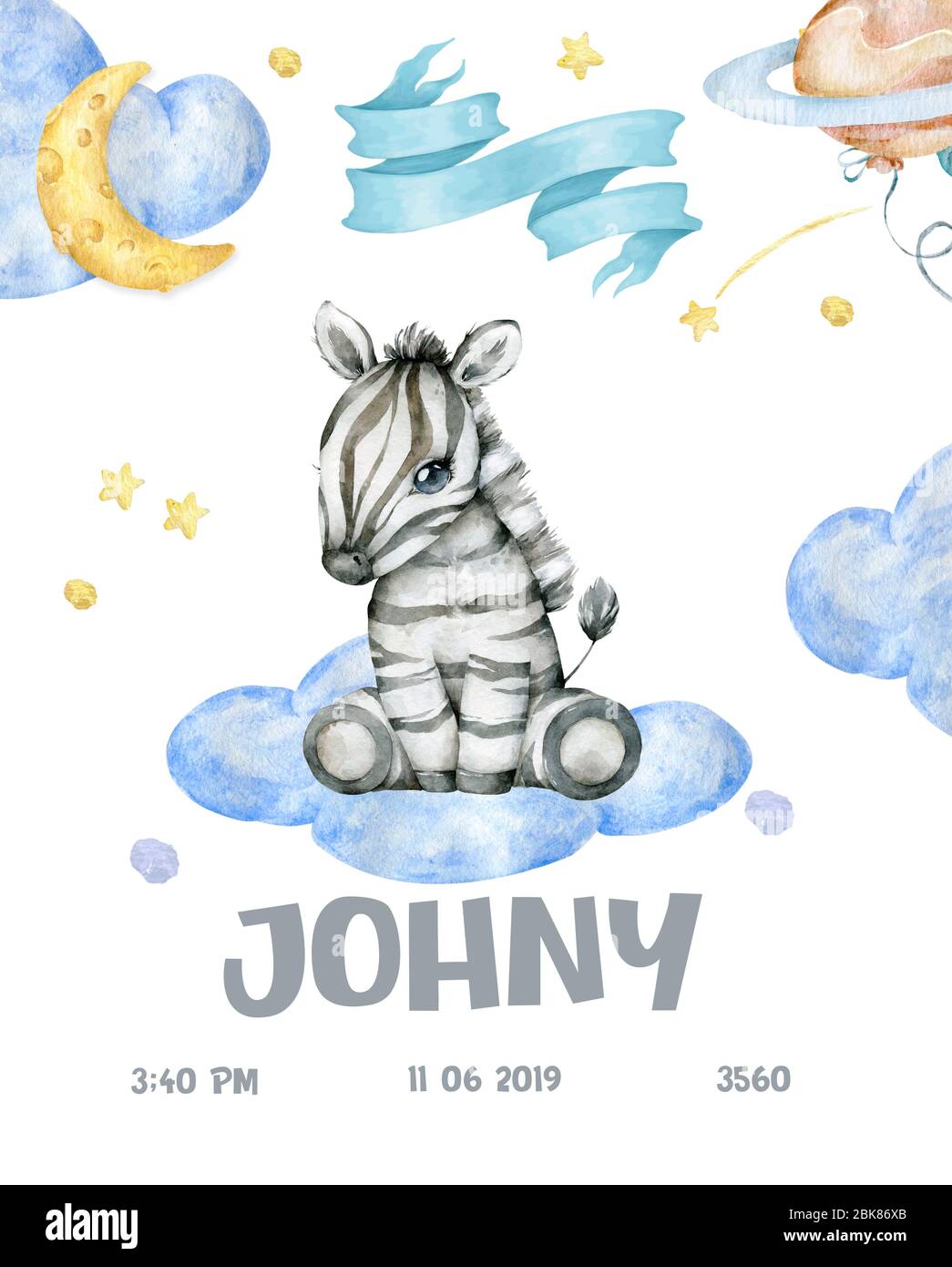 Watercolor cartoon cute baby Zebra with tropical frame background ...