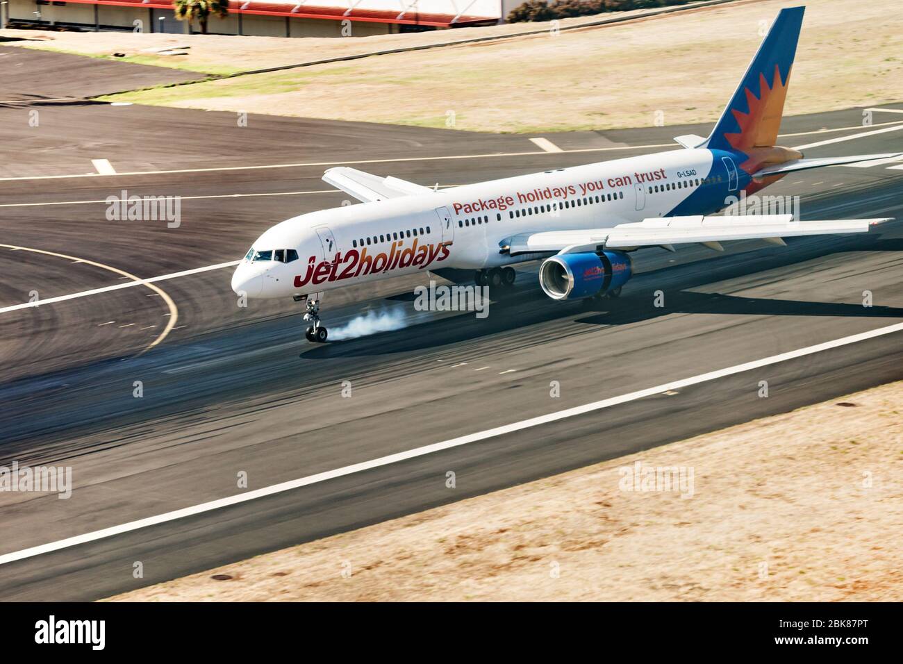 MADEIRA, PORTUGAL - AUGUST 3, 2018: The plane on the runway of Madeira ...