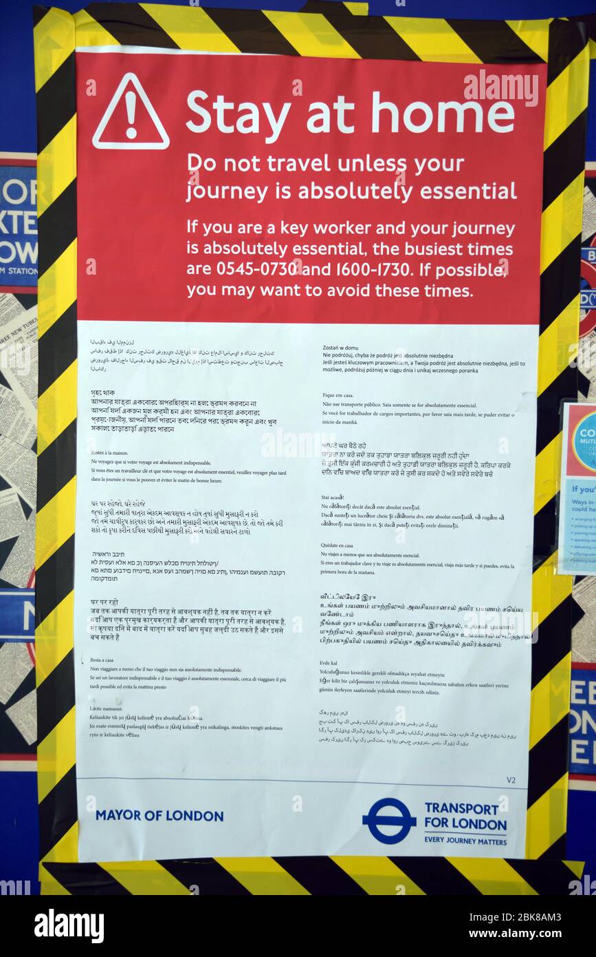 A TFL notice asking passengers not to travel on Public Transport unless ...