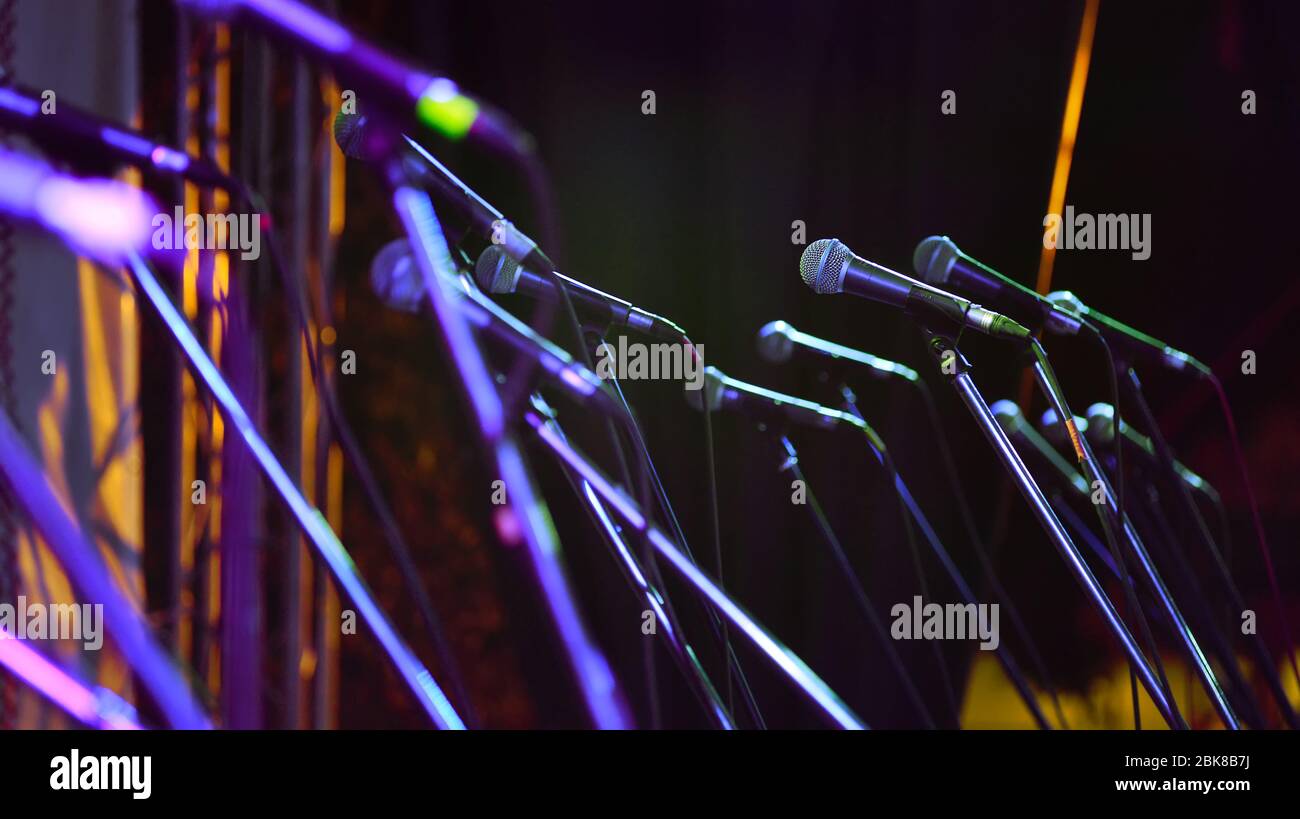 Many microphone on Blurred abstract background exterior view Stock ...
