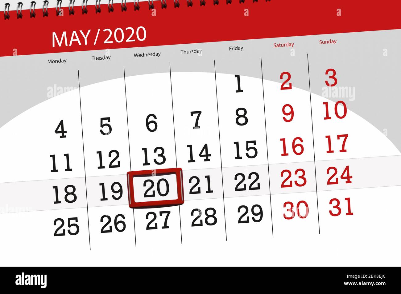 Calendar planner for the month may 2020, deadline day, 20, wednesday ...