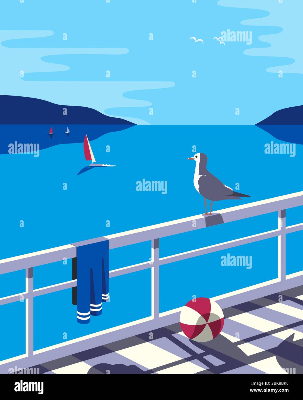 Summer seaside flat color vector. Blue ocean scenic view poster. Hand ...