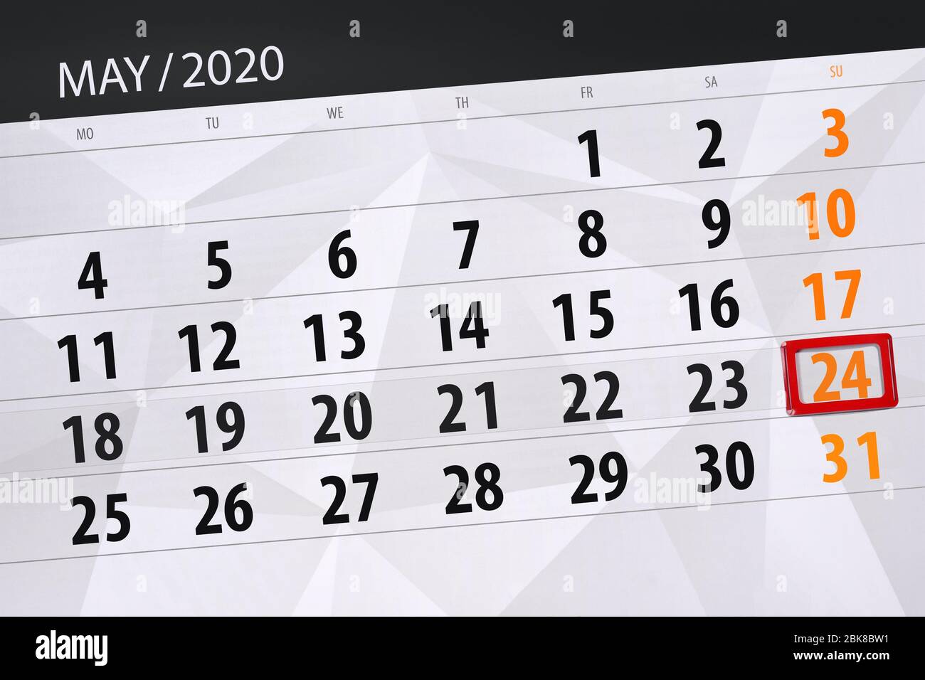 Calendar planner for the month may 2020, deadline day, 24, sunday Stock ...