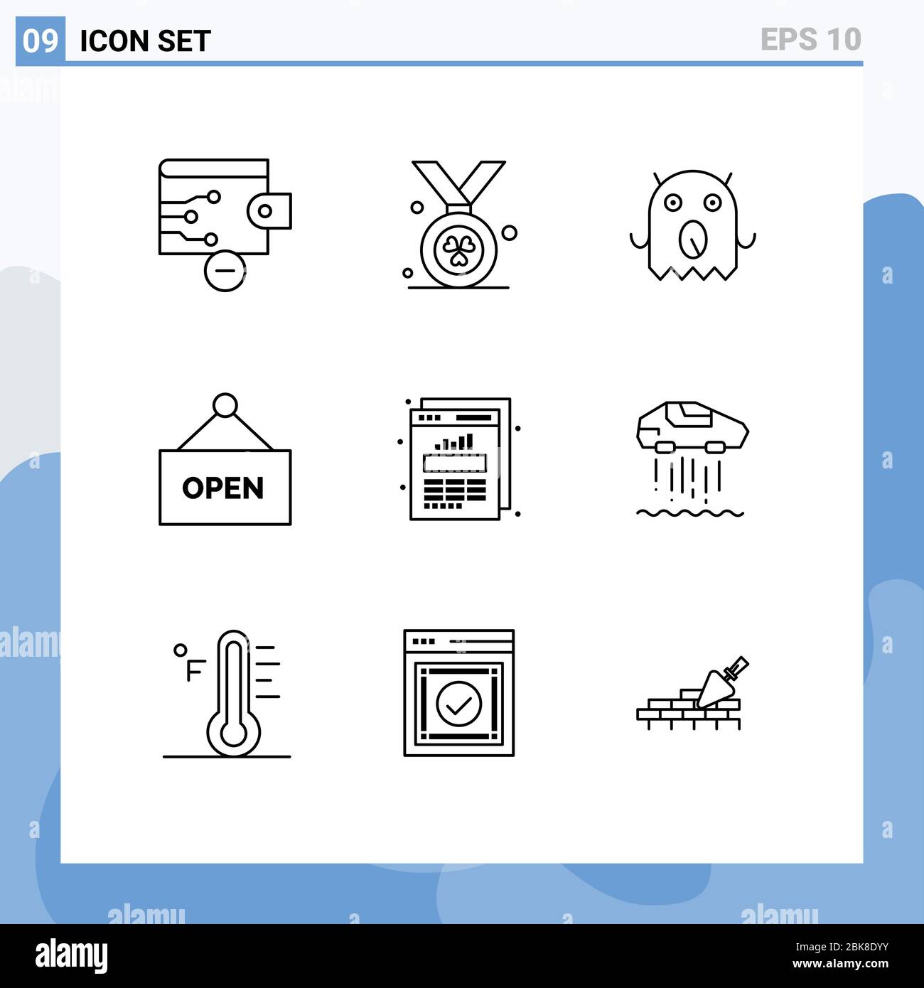 Pictogram Set of 9 Simple Outlines of personal, web stats, space, graph ...