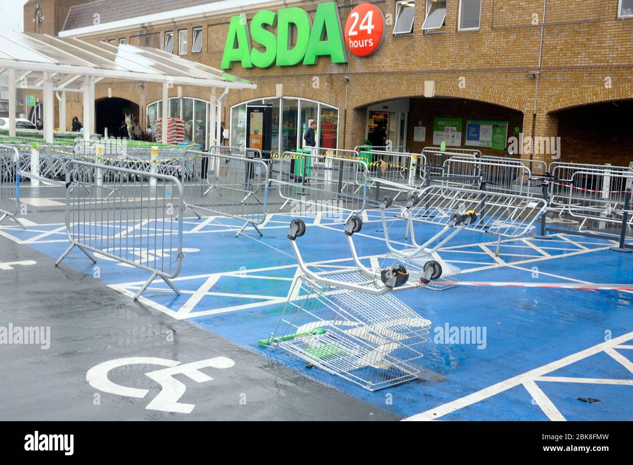 London, UK, 2 May 2020 Trolly chicane at Asda Clapham Junction as ...