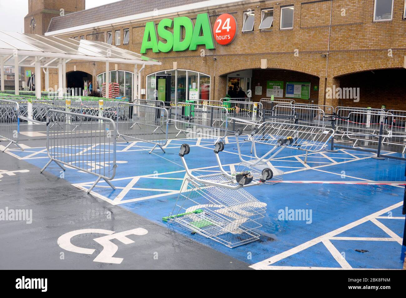 London, UK, 2 May 2020 Trolly chicane at Asda Clapham Junction as ...