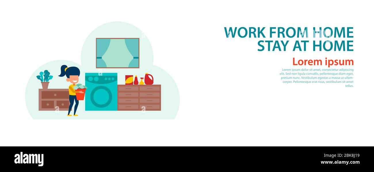 banner of cartoon version of working home and stay home with flat ...