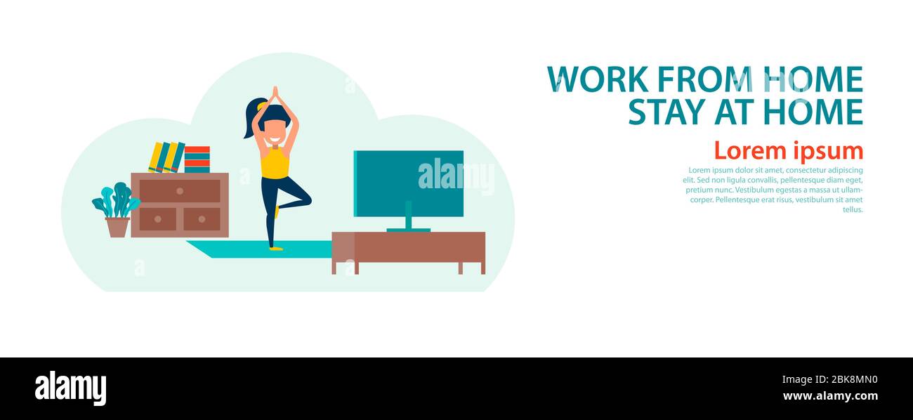 banner of cartoon version of working home and stay home with flat ...