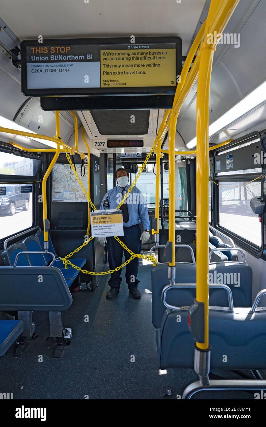NEW YORK, NY - MAY 2, 2020: pose on his bus at a MTA maintenance ...