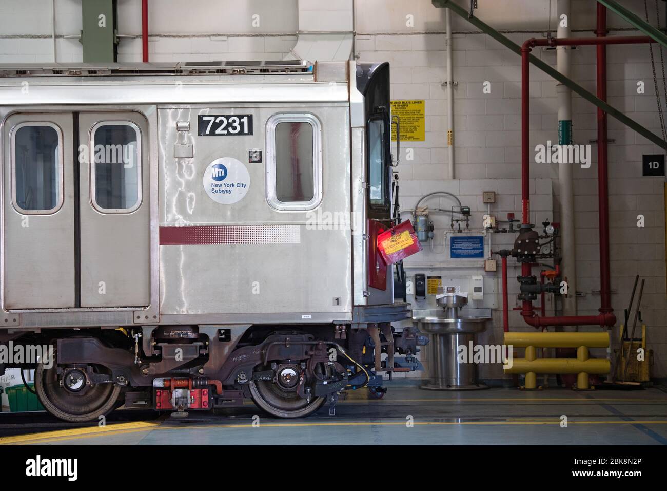 NEW YORK, NY - MAY 2, 2020: Subway trains are seen at a MTA maintenance ...