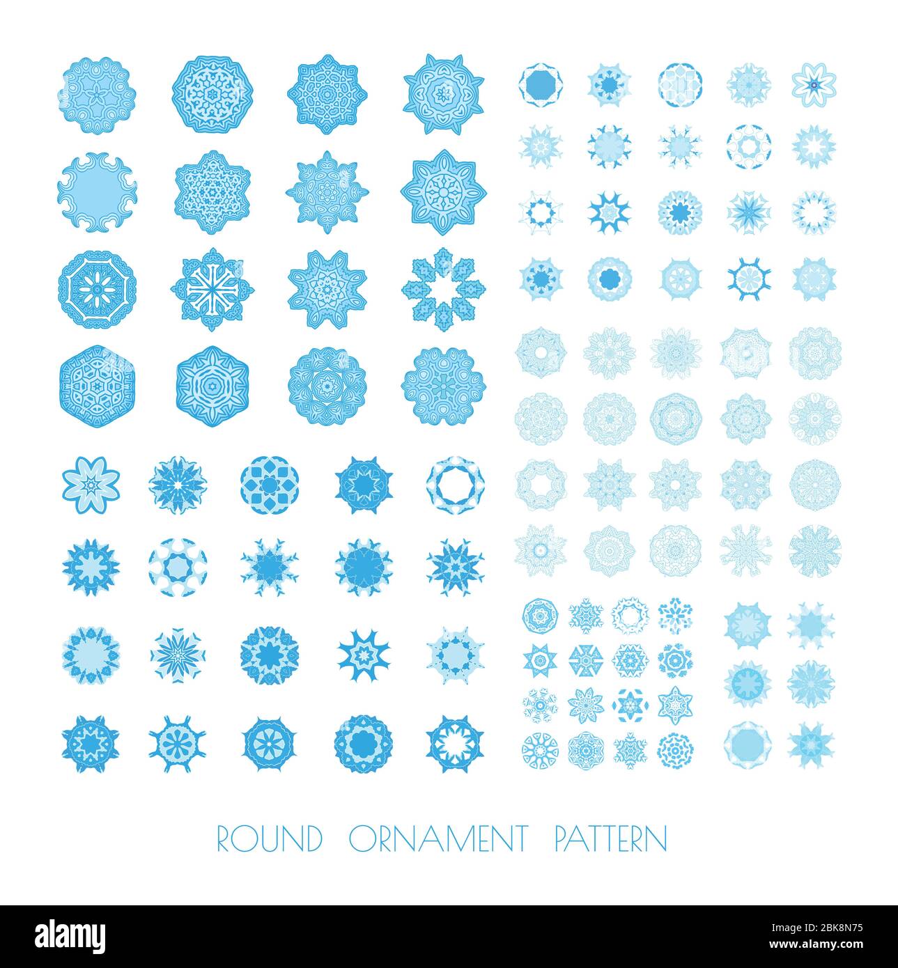 Snowflakes Christmas icons. Blue snowflakes, fractals or mandala Stock ...