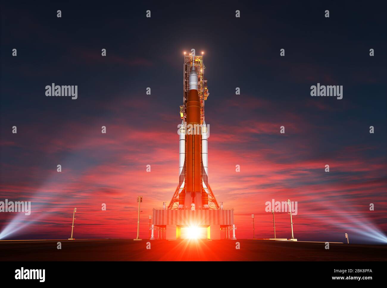 Space Launch System On Launchpad Over Background Of Sunrise Stock Photo ...