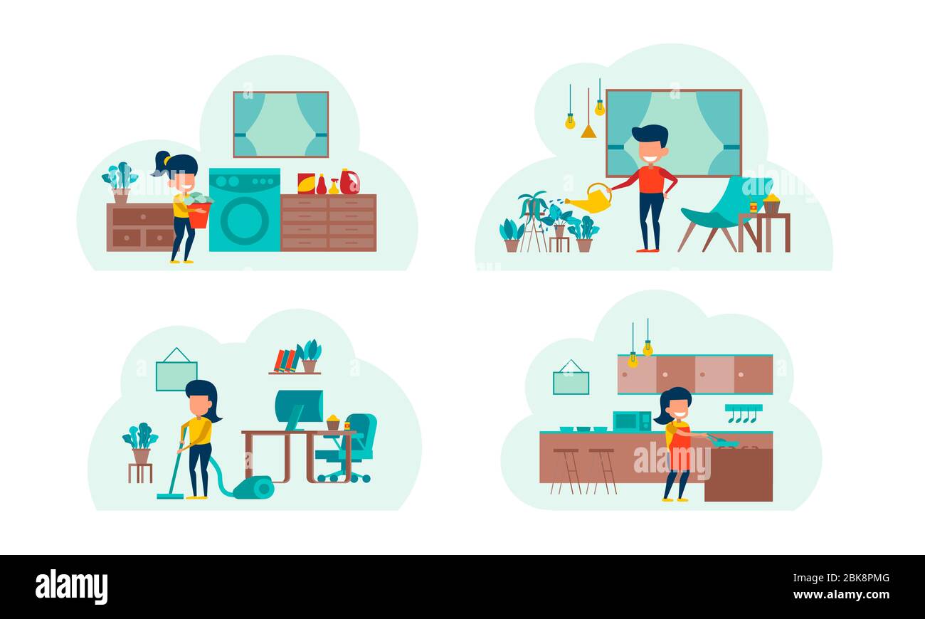 set of cartoon version of working home and stay home with flat design ...