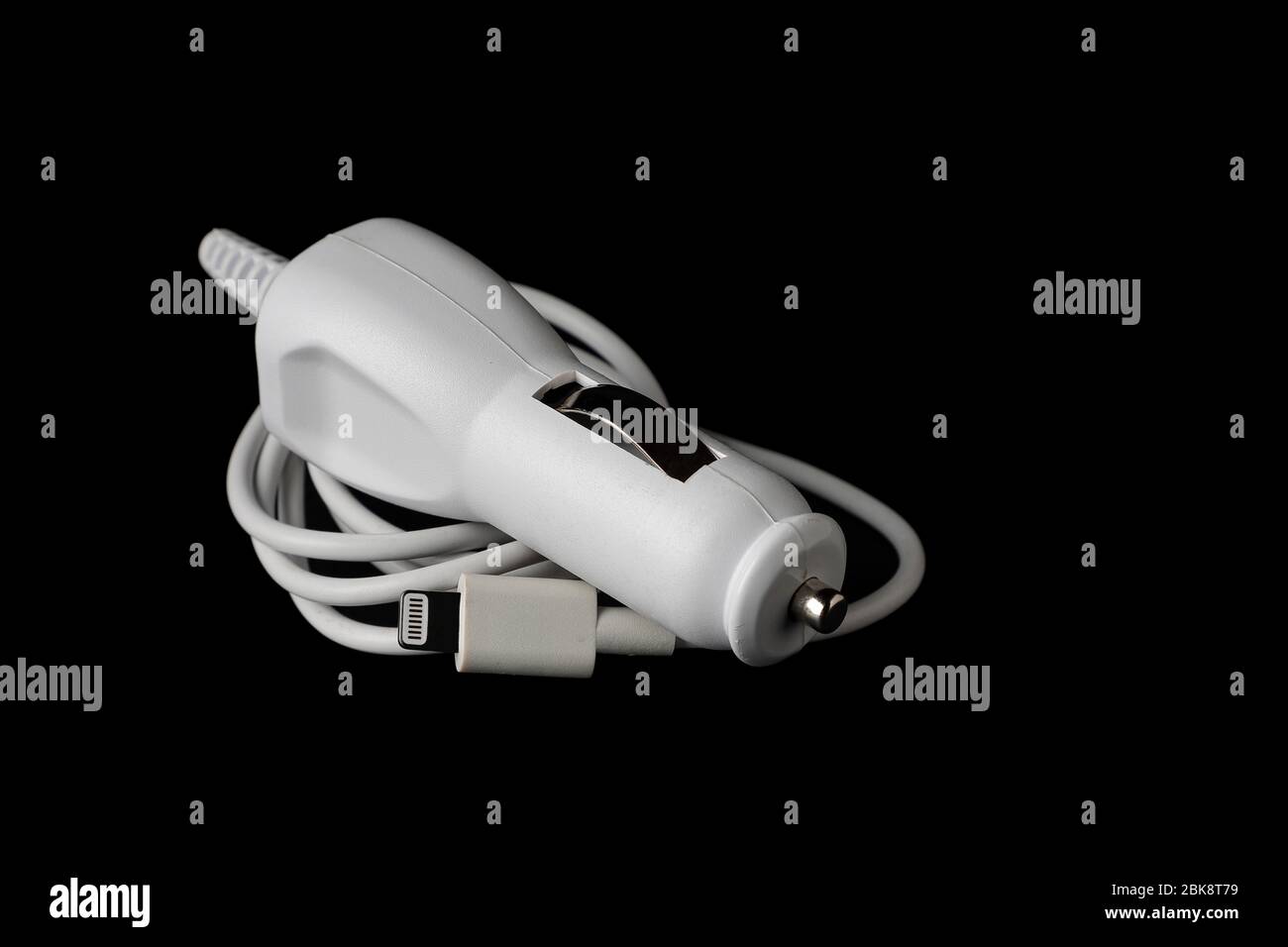 horizontal view of a white color car lighter charger with lightning ...