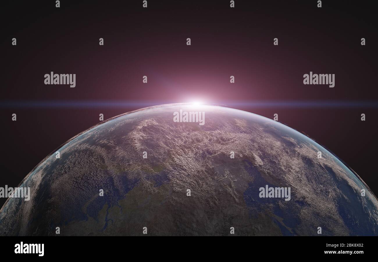 Sunrise over the planet Earth of Solar system with lens flare. Science ...