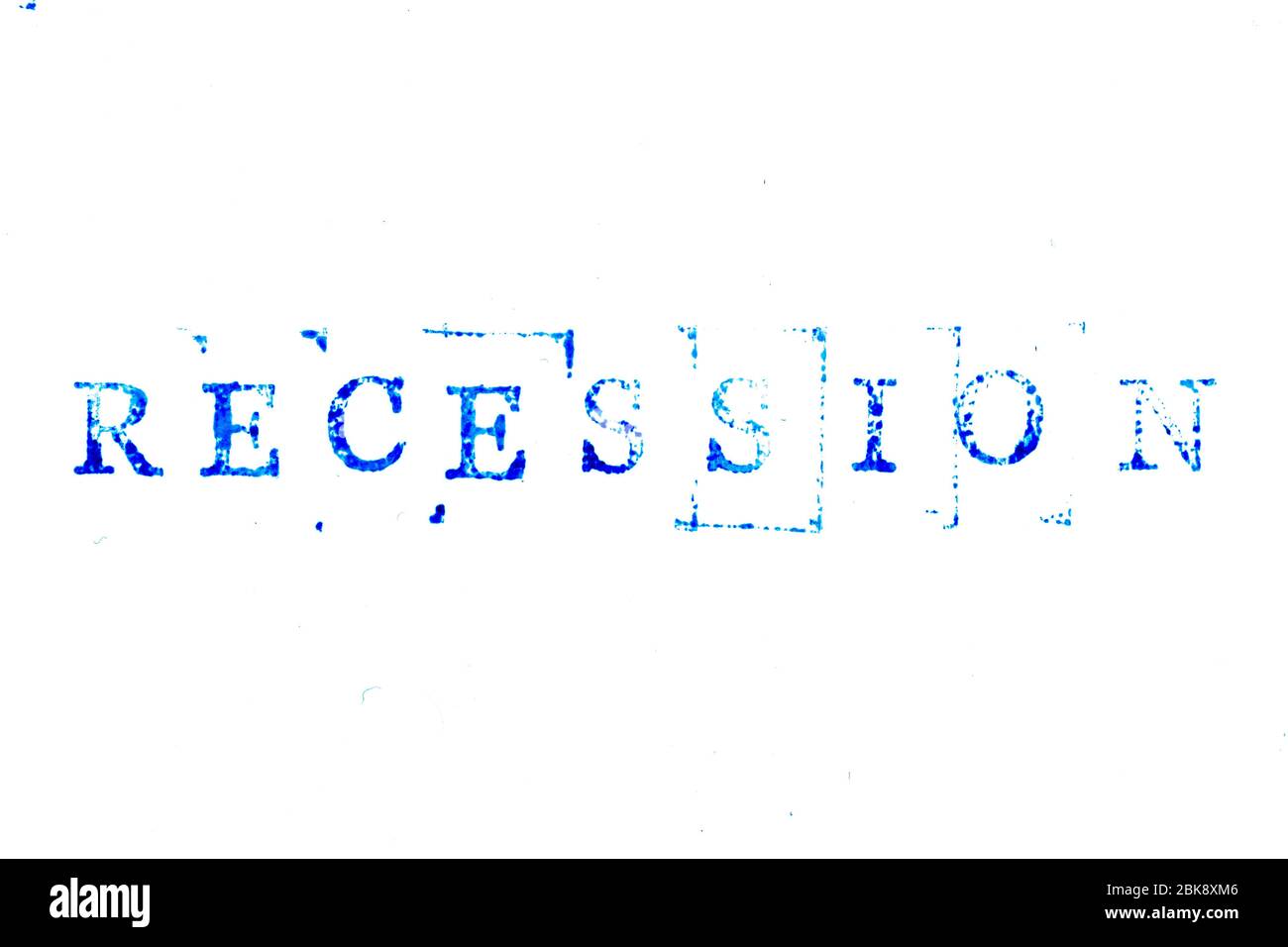 Blue ink of rubber stamp in word recession on white paper background ...