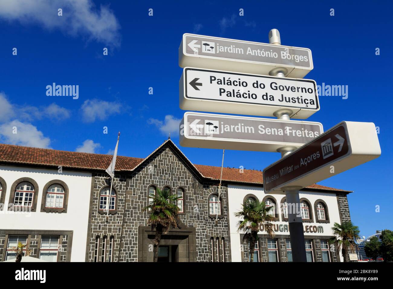 Road signs, Vasco Da Gama Square, Ponta Delgada City, Sao Miguel Island ...
