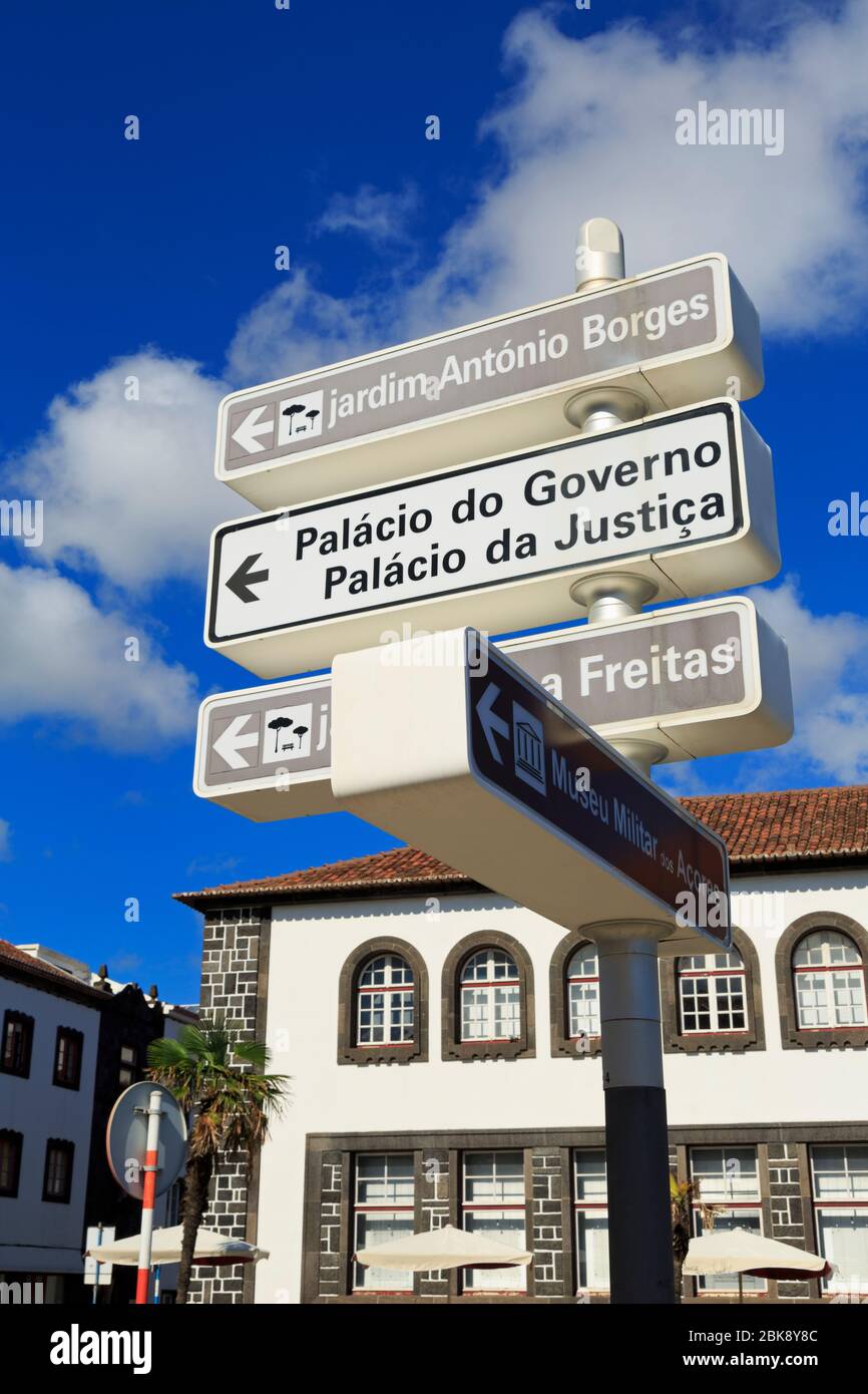 Road signs, Vasco Da Gama Square, Ponta Delgada City, Sao Miguel Island ...