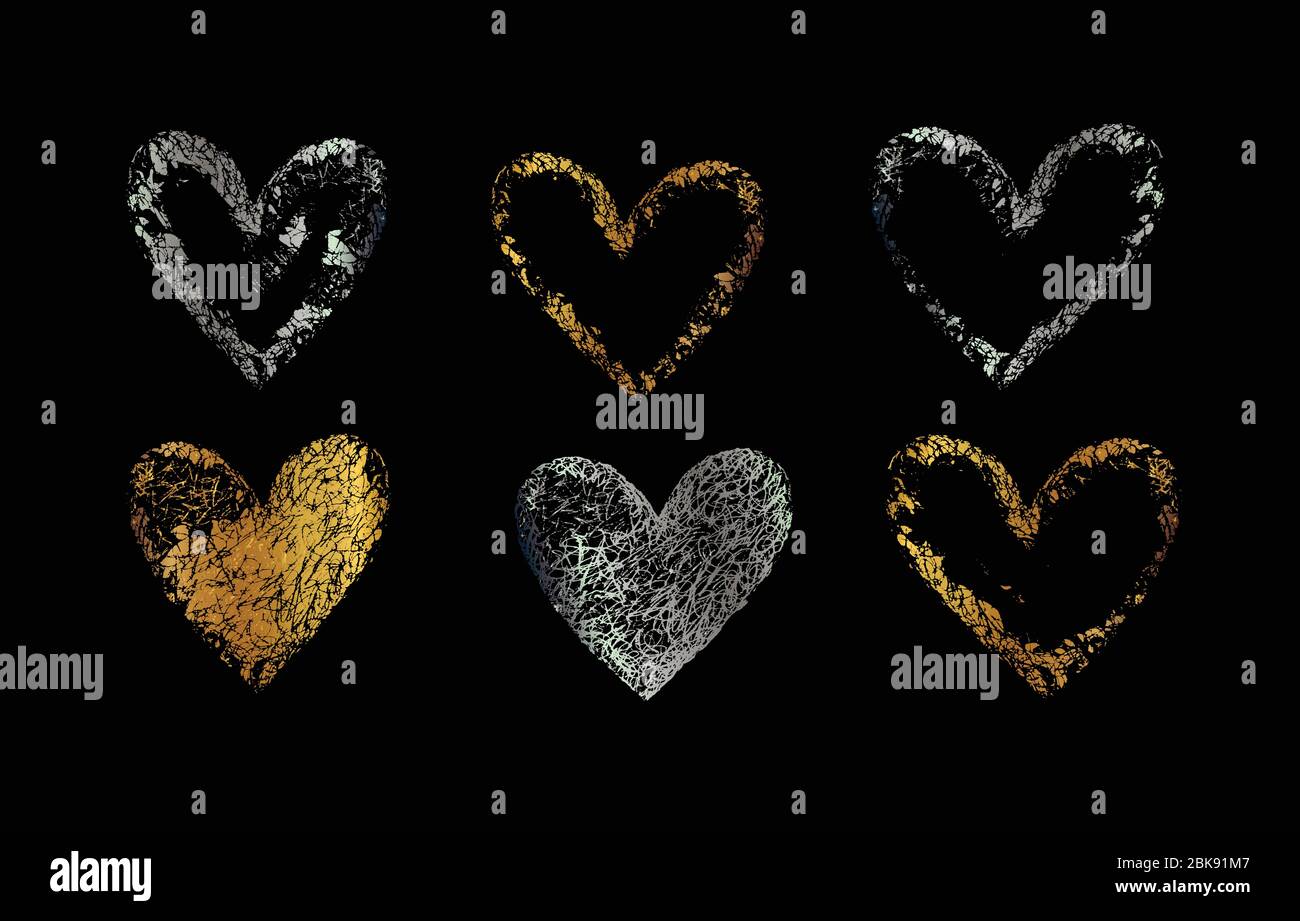 Golden set of the hand drawing hearts isolated on black Stock Vector ...