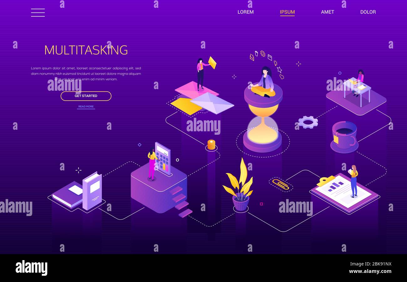 Multitasking concept - modern isometric vector web banner Stock Vector ...